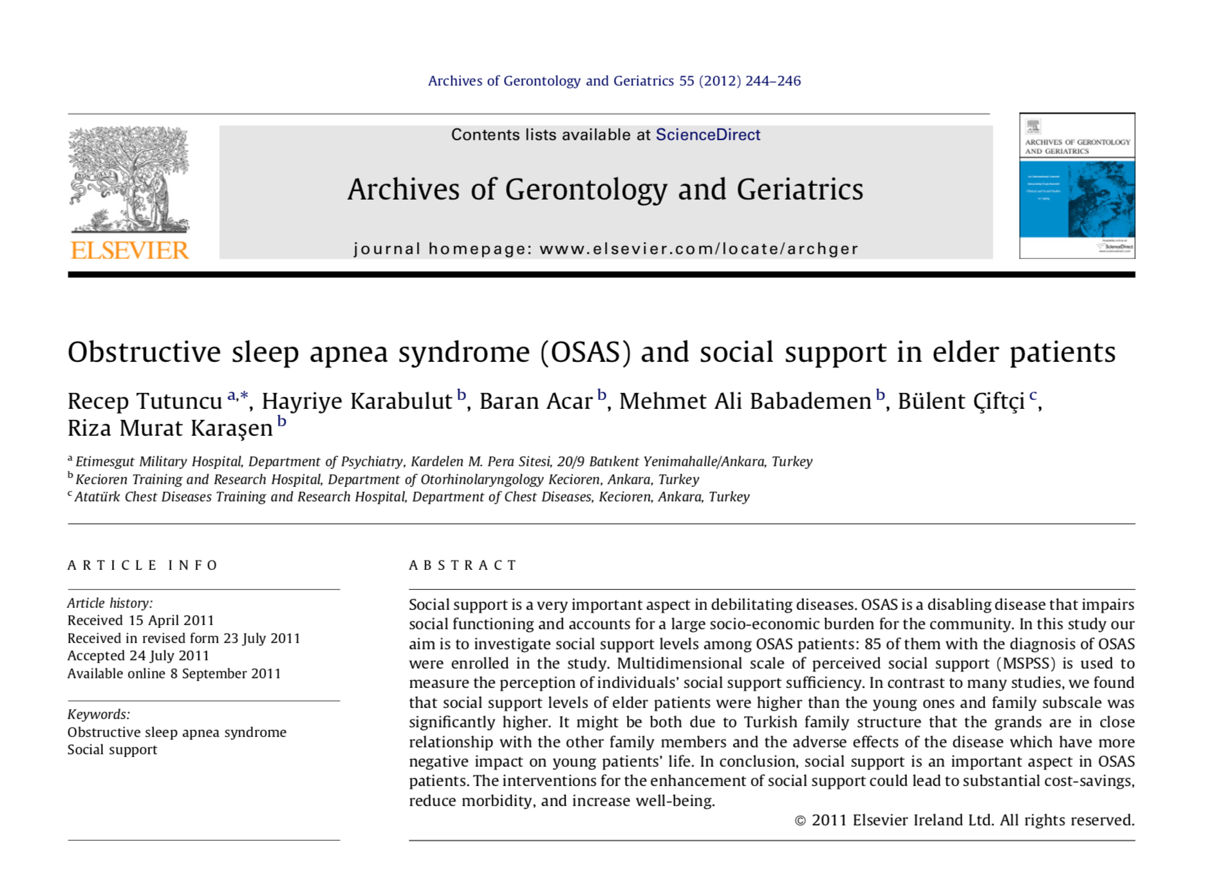 Obstructive sleep apnea syndrome OSAS and social support in elder ...